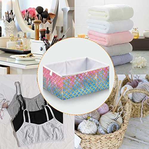 Mermaid Scales Fish Storage Baskets for Shelves Foldable Collapsible Storage Box Bins with Fabric Bins Cube Toys Organizers for Pantry Organizing Shelf Nursery Home Closet,11 x 11inch