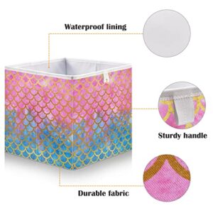 Mermaid Scales Fish Storage Baskets for Shelves Foldable Collapsible Storage Box Bins with Fabric Bins Cube Toys Organizers for Pantry Organizing Shelf Nursery Home Closet,11 x 11inch