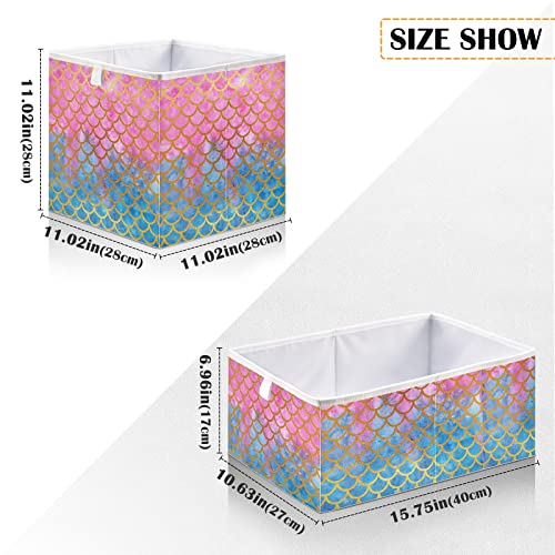 Mermaid Scales Fish Storage Baskets for Shelves Foldable Collapsible Storage Box Bins with Fabric Bins Cube Toys Organizers for Pantry Organizing Shelf Nursery Home Closet,11 x 11inch