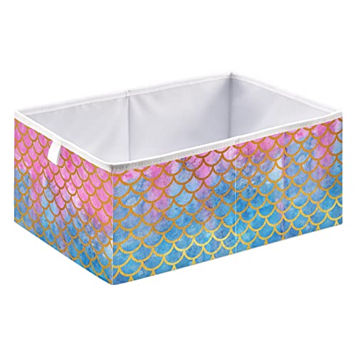 Mermaid Scales Fish Storage Baskets for Shelves Foldable Collapsible Storage Box Bins with Fabric Bins Cube Toys Organizers for Pantry Organizing Shelf Nursery Home Closet,11 x 11inch