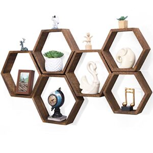 norceesan hexagon floating shelves set of 6 honeycomb shelves for wall wood farmhouse storage home decor shelf wall mounted wooden hexagonal shelves for bedroom living room nursery, rustic brown