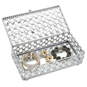 ELLDOO Crystal Jewelry Box Rectangle Trinket Organizer Earrings Rings Box Treasure Box Storage Home Decor Accent Decorative Box with Lid for Valentine Wedding Christmas Birthday Gift, Silver