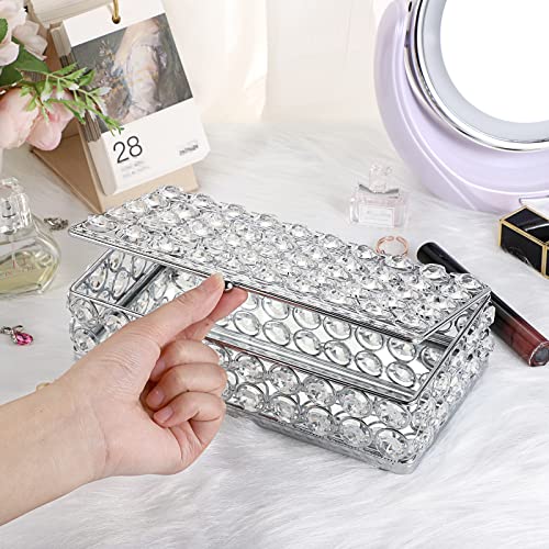 ELLDOO Crystal Jewelry Box Rectangle Trinket Organizer Earrings Rings Box Treasure Box Storage Home Decor Accent Decorative Box with Lid for Valentine Wedding Christmas Birthday Gift, Silver