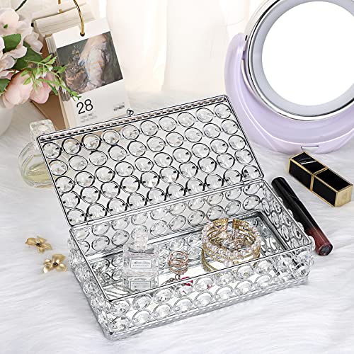 ELLDOO Crystal Jewelry Box Rectangle Trinket Organizer Earrings Rings Box Treasure Box Storage Home Decor Accent Decorative Box with Lid for Valentine Wedding Christmas Birthday Gift, Silver