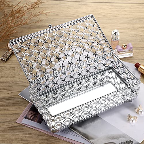 ELLDOO Crystal Jewelry Box Rectangle Trinket Organizer Earrings Rings Box Treasure Box Storage Home Decor Accent Decorative Box with Lid for Valentine Wedding Christmas Birthday Gift, Silver