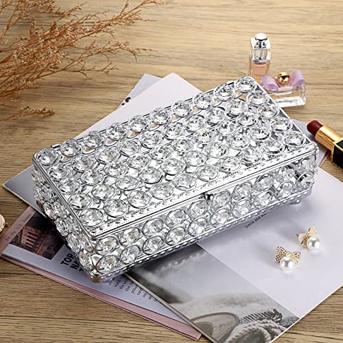 ELLDOO Crystal Jewelry Box Rectangle Trinket Organizer Earrings Rings Box Treasure Box Storage Home Decor Accent Decorative Box with Lid for Valentine Wedding Christmas Birthday Gift, Silver