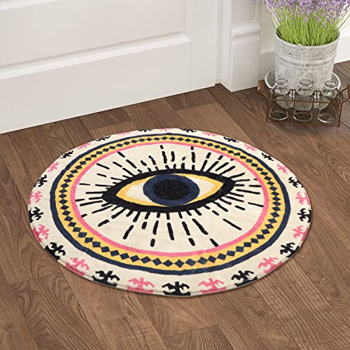 Inbathgic Evil Eye Round Rug for Bedroom,2' Diameter Non-Slip Washable Boho Bathroom Rugs,Soft Velvet Small Rug Distressed Throw Rug Floor Carpet for DoorMat Bedroom Living Room Entryway Nursery Decor