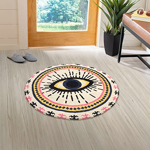 Inbathgic Evil Eye Round Rug for Bedroom,2' Diameter Non-Slip Washable Boho Bathroom Rugs,Soft Velvet Small Rug Distressed Throw Rug Floor Carpet for DoorMat Bedroom Living Room Entryway Nursery Decor