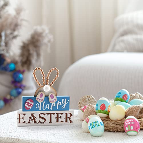 OYATON Easter Decorations for the Home - Rustic Spring Happy Easter Bunny Wood Sign Block with Egg and Wooden Beads Decor for Table, Mantle, Tiered Tray - Indoor Mini Easter Decor