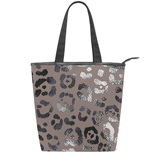 MNSRUUU Canvas Tote Bag Aesthetic Elegant Sliver Leopard Shoulder Bag for Women Work School Tote Handbag Shopping Purses and Handbags