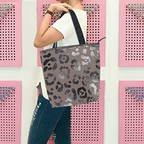 MNSRUUU Canvas Tote Bag Aesthetic Elegant Sliver Leopard Shoulder Bag for Women Work School Tote Handbag Shopping Purses and Handbags