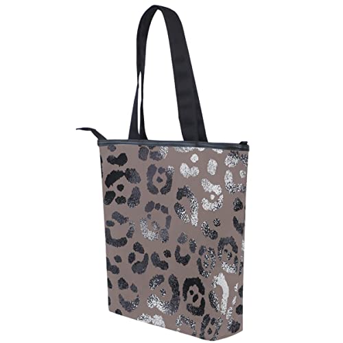 MNSRUUU Canvas Tote Bag Aesthetic Elegant Sliver Leopard Shoulder Bag for Women Work School Tote Handbag Shopping Purses and Handbags