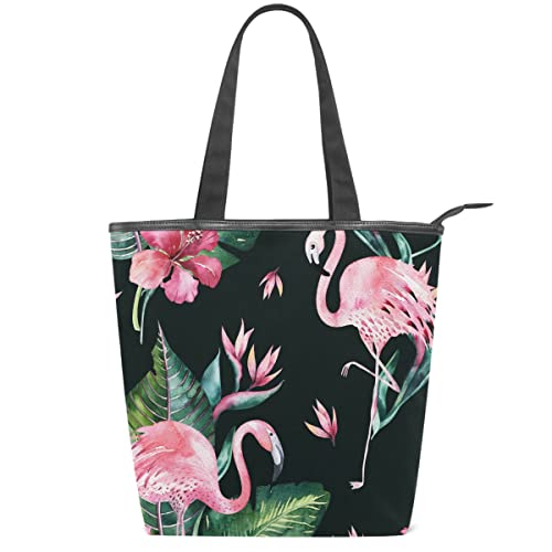 MNSRUUU Canvas Tote Bag Aesthetic Pink Flamingo Black Shoulder Bag for Women Work School Tote Handbag Shopping Purses and Handbags