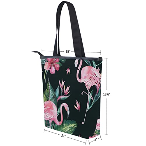 MNSRUUU Canvas Tote Bag Aesthetic Pink Flamingo Black Shoulder Bag for Women Work School Tote Handbag Shopping Purses and Handbags