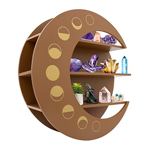 Myuilor Crescent Moon Shelf, 12.2 Inch Wooden Moon Shelf for Crystals, Stones & Essential Oils, Crystal Shelf Display Pine Floating Circle Shelf, Crystal Moon Shelves(Brown)