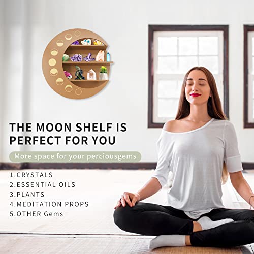 Myuilor Crescent Moon Shelf, 12.2 Inch Wooden Moon Shelf for Crystals, Stones & Essential Oils, Crystal Shelf Display Pine Floating Circle Shelf, Crystal Moon Shelves(Brown)