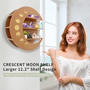 Myuilor Crescent Moon Shelf, 12.2 Inch Wooden Moon Shelf for Crystals, Stones & Essential Oils, Crystal Shelf Display Pine Floating Circle Shelf, Crystal Moon Shelves(Brown)