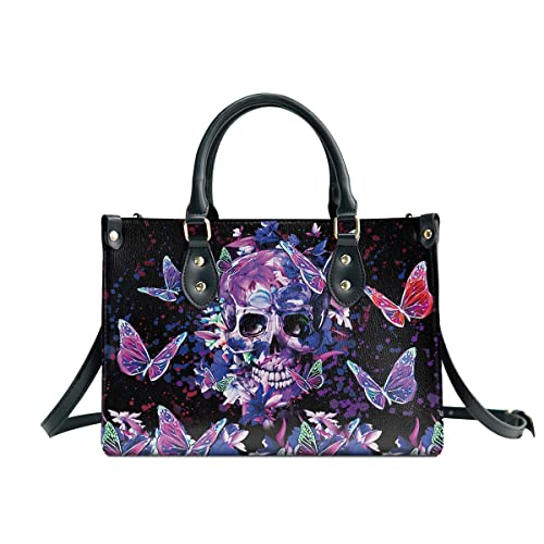 64HYDRO Purple Skull Butterfly Purses for Women, Shoulder Bag, Handbags for Women, Gothic, Goth Gifts, Valentines Day Gifts for Her, Gifts for Sisters, Daughter, Mom, Friends - Travel Work Leather Bag