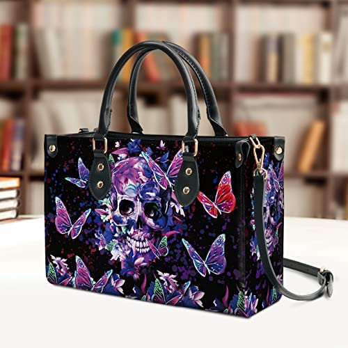 64HYDRO Purple Skull Butterfly Purses for Women, Shoulder Bag, Handbags for Women, Gothic, Goth Gifts, Valentines Day Gifts for Her, Gifts for Sisters, Daughter, Mom, Friends - Travel Work Leather Bag