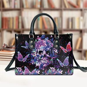 64HYDRO Purple Skull Butterfly Purses for Women, Shoulder Bag, Handbags for Women, Gothic, Goth Gifts, Valentines Day Gifts for Her, Gifts for Sisters, Daughter, Mom, Friends - Travel Work Leather Bag