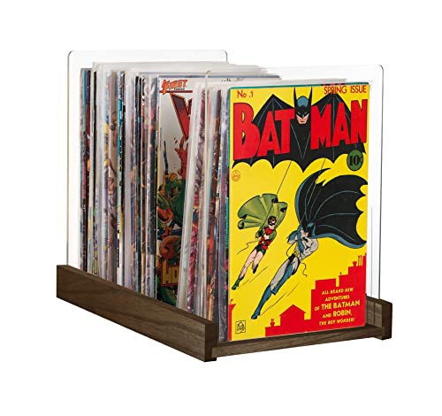 Comic Book Storage Holder - Display Case for Collectors – Patent Pending Wood & Acrylic Comics Box, Bin & Organizer - Magazines & Books Boxes for Organization - Stores Up To 150 Issues - 14.5x8 Inches (Dark Walnut)