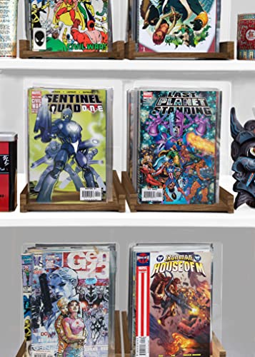 Comic Book Storage Holder - Display Case for Collectors – Patent Pending Wood & Acrylic Comics Box, Bin & Organizer - Magazines & Books Boxes for Organization - Stores Up To 150 Issues - 14.5x8 Inches (Dark Walnut)