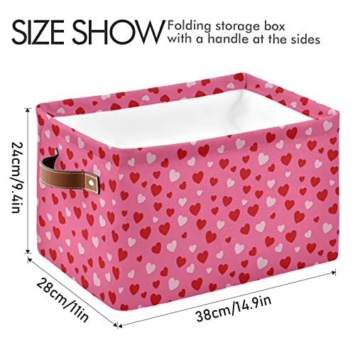 STAYTOP 1PCS Cute Red and Pink Love Hearts Large Storage Basket,Valentine's Day Collapsible Toy Storage Box Waterproof Laundry Basket with Handle for Home Closets, Offices, Bedroom