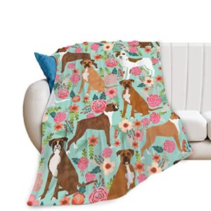 boxer dog flowers florals blanket soft fleece throw blanket cozy fuzzy warm flannel blankets for women men for couch bed sofa all season gift