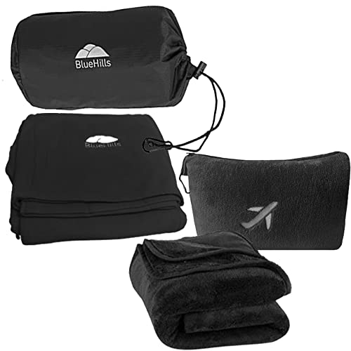 BlueHills Premium Mini Plush Travel Blanket and Ultra Compact Travel Blanket Value Pack Set of 2 - Airplane Flight Blanket Throw in a case with Strap Compact Pack for Car Plane Travel Black