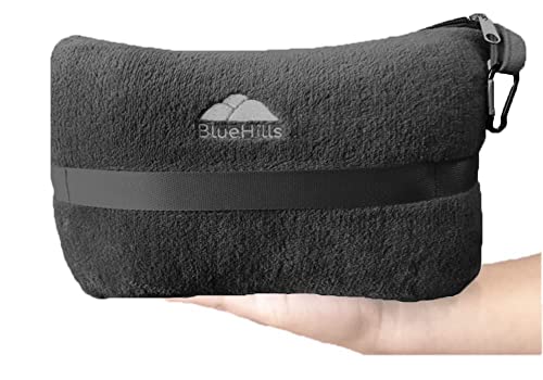 BlueHills Premium Mini Plush Travel Blanket and Ultra Compact Travel Blanket Value Pack Set of 2 - Airplane Flight Blanket Throw in a case with Strap Compact Pack for Car Plane Travel Black