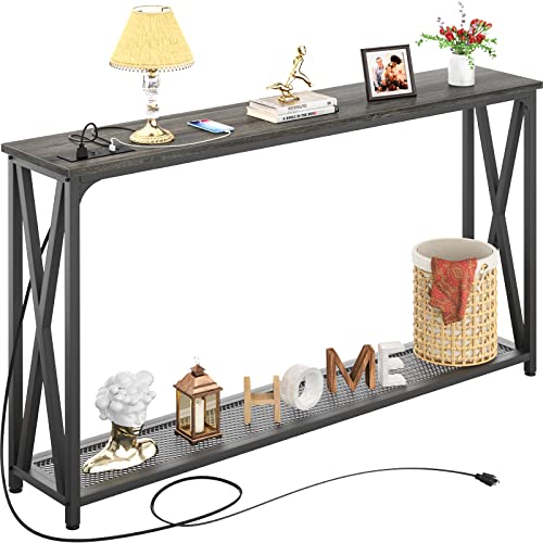 Karcog Narrow Console Table with Recessed Power Strip, 47 Inch Sofa Entry Table with 2 AC Outlets & 2 USB Ports, Industrial Farmhouse Style Accent Hallway Table for Living Room, Grey Oak