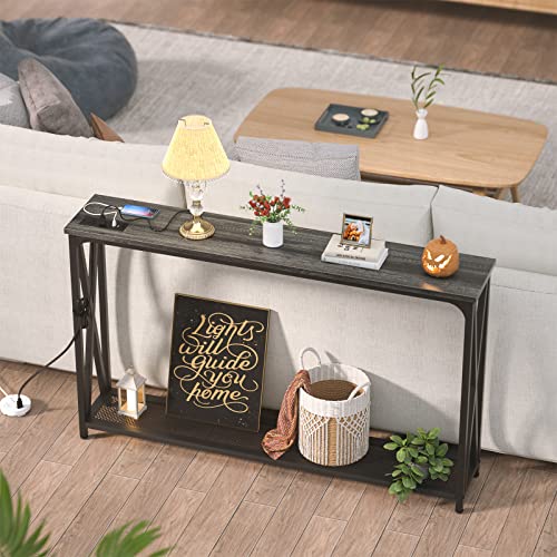 Karcog Narrow Console Table with Recessed Power Strip, 47 Inch Sofa Entry Table with 2 AC Outlets & 2 USB Ports, Industrial Farmhouse Style Accent Hallway Table for Living Room, Grey Oak