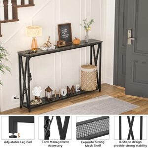 Karcog Narrow Console Table with Recessed Power Strip, 47 Inch Sofa Entry Table with 2 AC Outlets & 2 USB Ports, Industrial Farmhouse Style Accent Hallway Table for Living Room, Grey Oak