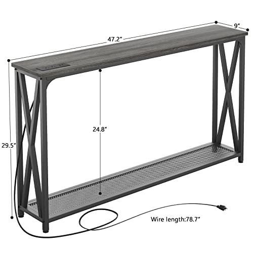 Karcog Narrow Console Table with Recessed Power Strip, 47 Inch Sofa Entry Table with 2 AC Outlets & 2 USB Ports, Industrial Farmhouse Style Accent Hallway Table for Living Room, Grey Oak