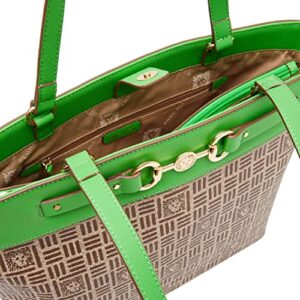 Anne Klein Tote w/Horse bit, Cream Brown Lion Logo Print/Grass Green