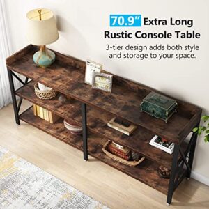 Tribesigns 70.9 Inch Extra Long Console Table, Industrial Narrow Sofa Table Behind Couch with Storage Shelves, 3 Tier Accent Hallway Entryway Table for Living Room, Rustic Brown