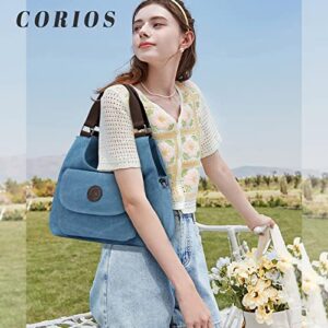 CORIOS Retro Women Underarm Bag Canvas Shoulder Bag Casual Handbag Multifunctional Clutch Tote Bag Ladies Top Handle Bag for Shopping Work School Travel Casual Daily Blue