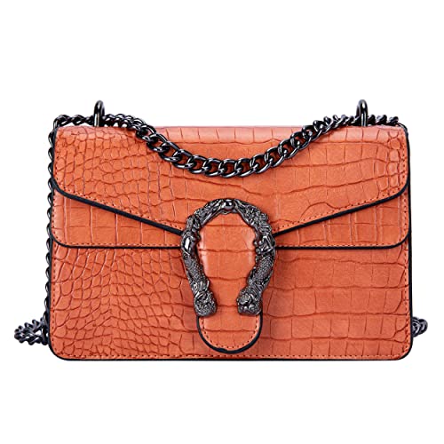 GLOD JORLEE Chain Crossbody Shoulder Bags for Women - Snakeskin Textured Print Leather Satchel Handbags Luxury Evening Clutch Purses (Orange)