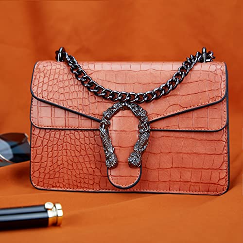 GLOD JORLEE Chain Crossbody Shoulder Bags for Women - Snakeskin Textured Print Leather Satchel Handbags Luxury Evening Clutch Purses (Orange)