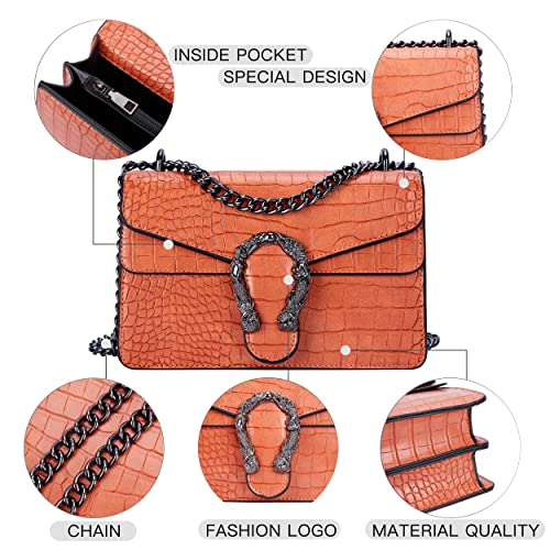 GLOD JORLEE Chain Crossbody Shoulder Bags for Women - Snakeskin Textured Print Leather Satchel Handbags Luxury Evening Clutch Purses (Orange)