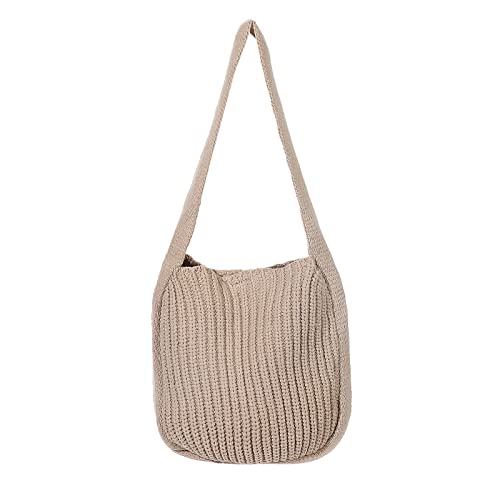 Ovida Crochet Tote Bag Knitted Shoulder Bag Cute Aesthetic Tote Handbag Large Shopping Bag Hand Woven Hobo Bag(02E Khaki)