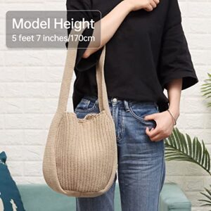 Ovida Crochet Tote Bag Knitted Shoulder Bag Cute Aesthetic Tote Handbag Large Shopping Bag Hand Woven Hobo Bag(02E Khaki)