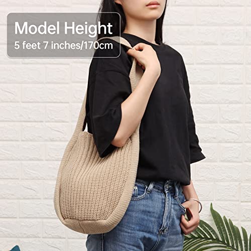 Ovida Crochet Tote Bag Knitted Shoulder Bag Cute Aesthetic Tote Handbag Large Shopping Bag Hand Woven Hobo Bag(02E Khaki)