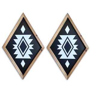 southwestern aztec wall decor, geometric wood wall art print tribal boho western decorations for home living room bedroom nursery diamond framed hanging farmhouse style rustic artwork modern(black)