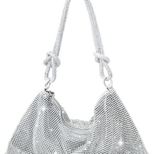 Rhinestone Purse Silver Hobo Purse Sparkly Black Evening Bag for Women Prom Party Wedding-Silver