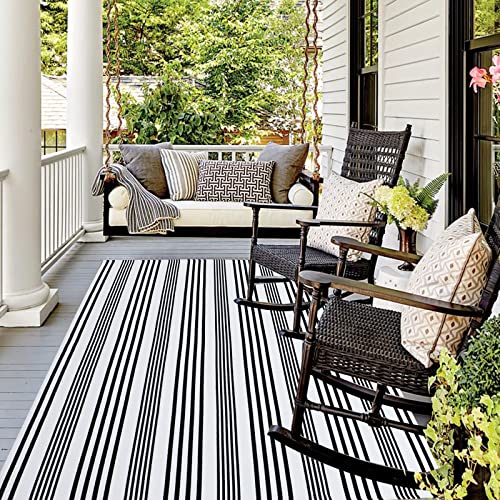 Black and White Striped Outdoor Indoor Rug 4' X 6' Front Porch Rug Cotton Hand-Woven Welcome Mats Layered Door Mats for Front Porch/Entryway/Laundry Room/Bedroom/Outdoor (4' X 6')