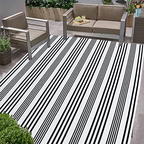 Black and White Striped Outdoor Indoor Rug 4' X 6' Front Porch Rug Cotton Hand-Woven Welcome Mats Layered Door Mats for Front Porch/Entryway/Laundry Room/Bedroom/Outdoor (4' X 6')