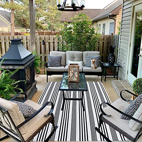 Black and White Striped Outdoor Indoor Rug 4' X 6' Front Porch Rug Cotton Hand-Woven Welcome Mats Layered Door Mats for Front Porch/Entryway/Laundry Room/Bedroom/Outdoor (4' X 6')