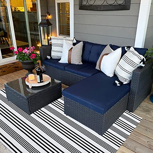 Black and White Striped Outdoor Indoor Rug 4' X 6' Front Porch Rug Cotton Hand-Woven Welcome Mats Layered Door Mats for Front Porch/Entryway/Laundry Room/Bedroom/Outdoor (4' X 6')