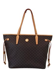 rioni signature brown designer canvas italian leather trimmed tote shoulder bag